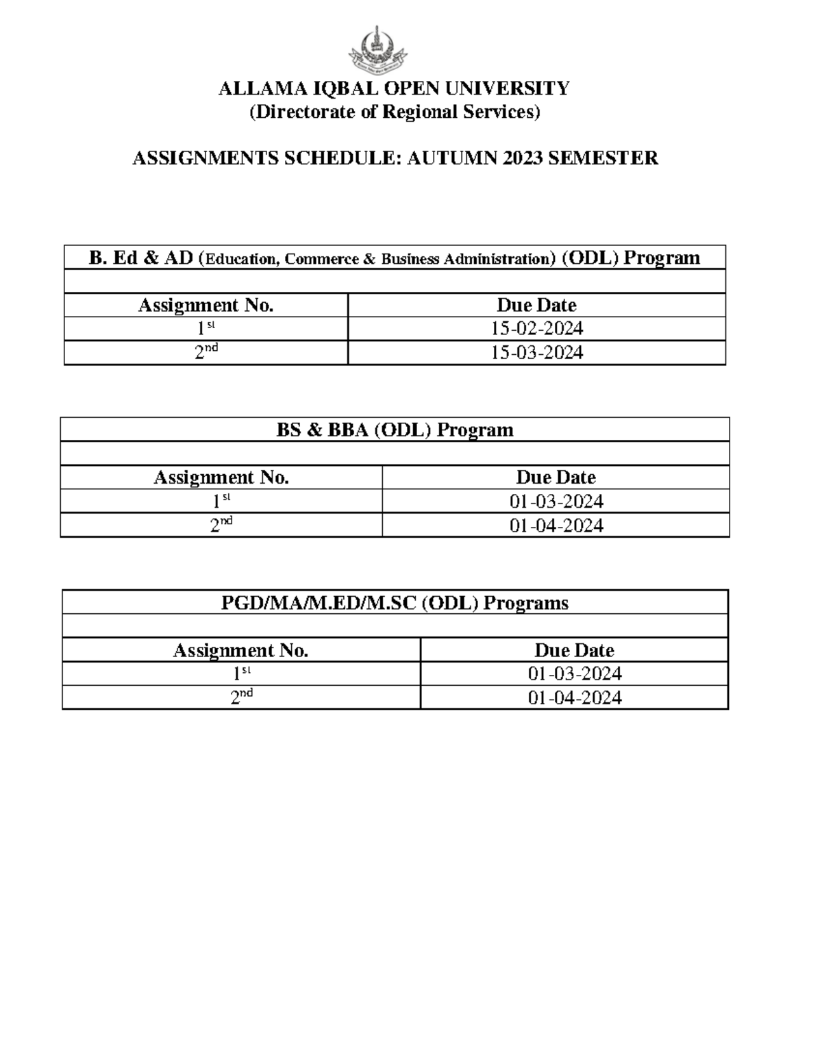 04. Assignments Schedule AD (Education, Commerce & Business Administration) B.Ed, BS, BBA & PG ...