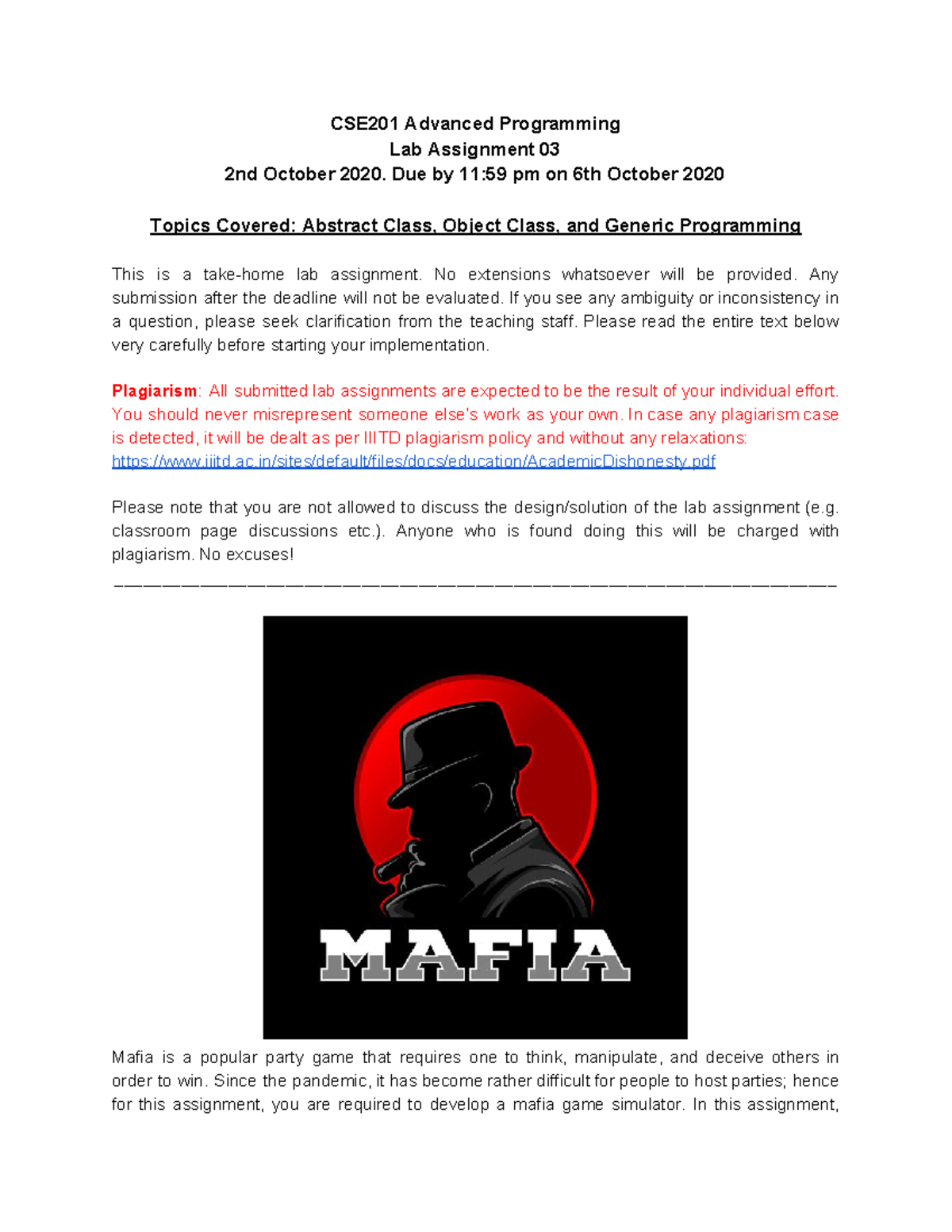 Mafia - Lecture notes 3 - CSE201 Advanced Programming Lab Assignment 03 ...