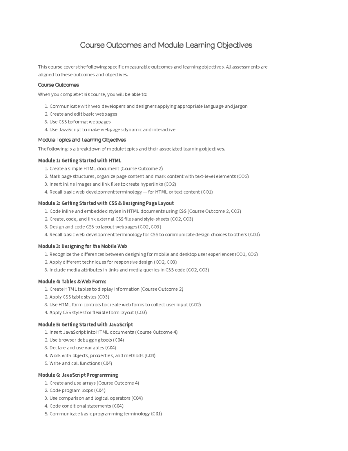Web Development Tools charles - Course Outcomes and Module Learning ...
