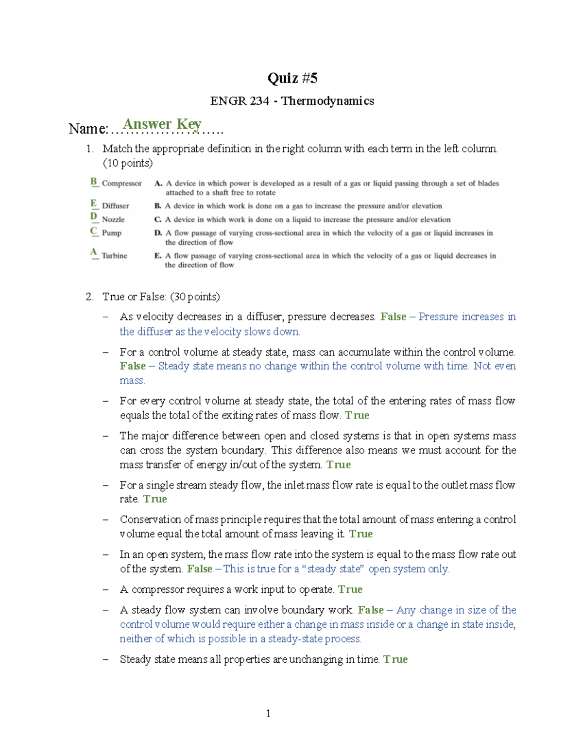 Sln-Quiz#5 - Fall Semester 2022 - 1 Quiz ENGR 234 - Thermodynamics Name