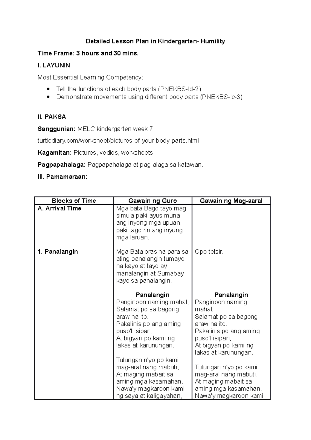 Detailed Lesson Plan in Kindergarten - I. LAYUNIN Most Essential ...