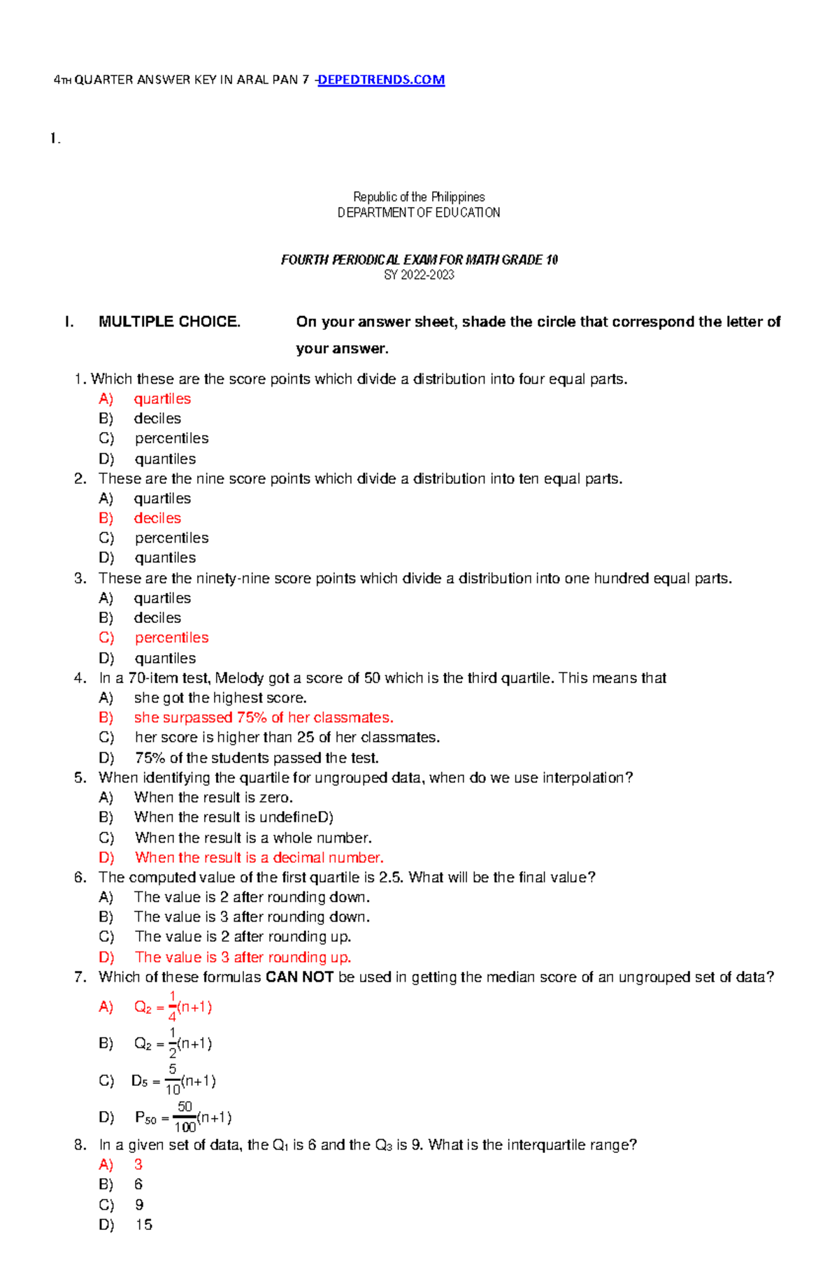 4Q Mathematics 10 AK - MATH TEST - 1. Republic of the Philippines ...