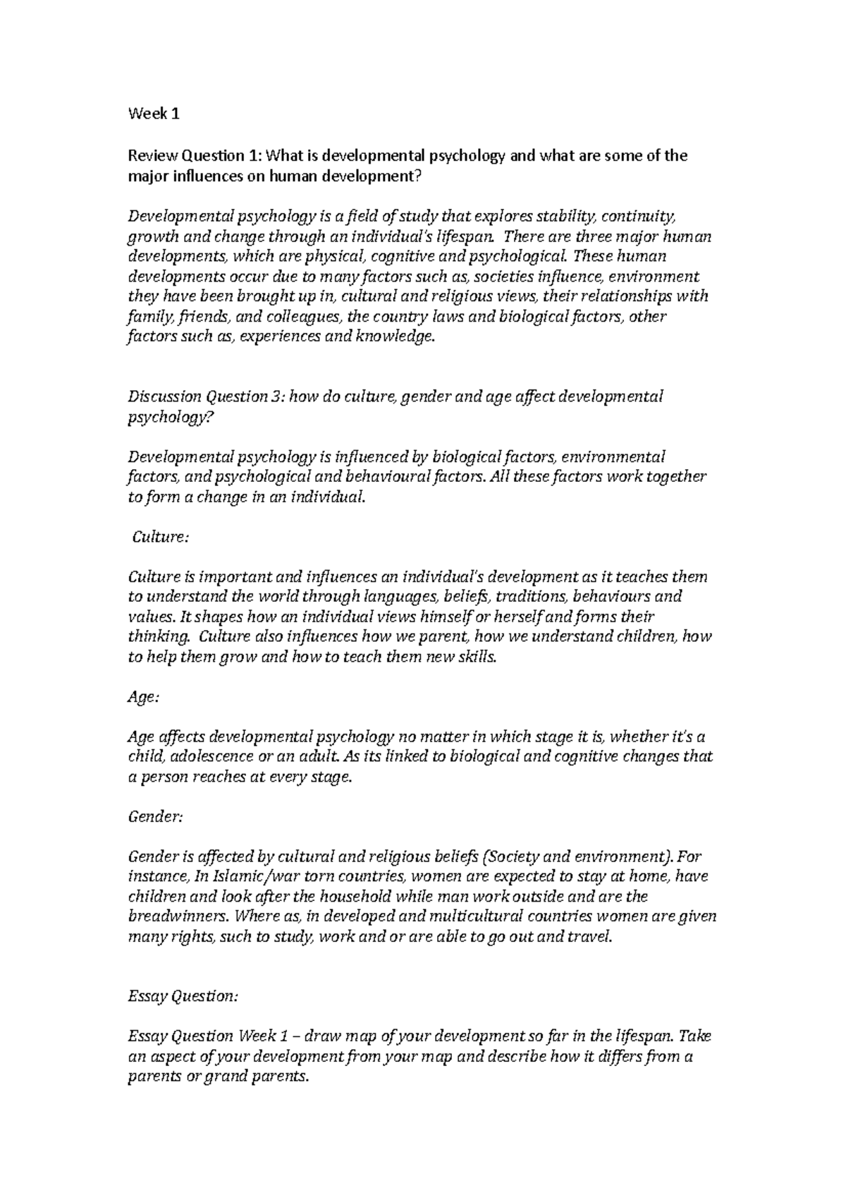 Week 1 Week 1 Review Question 1 What Is Developmental Psychology And