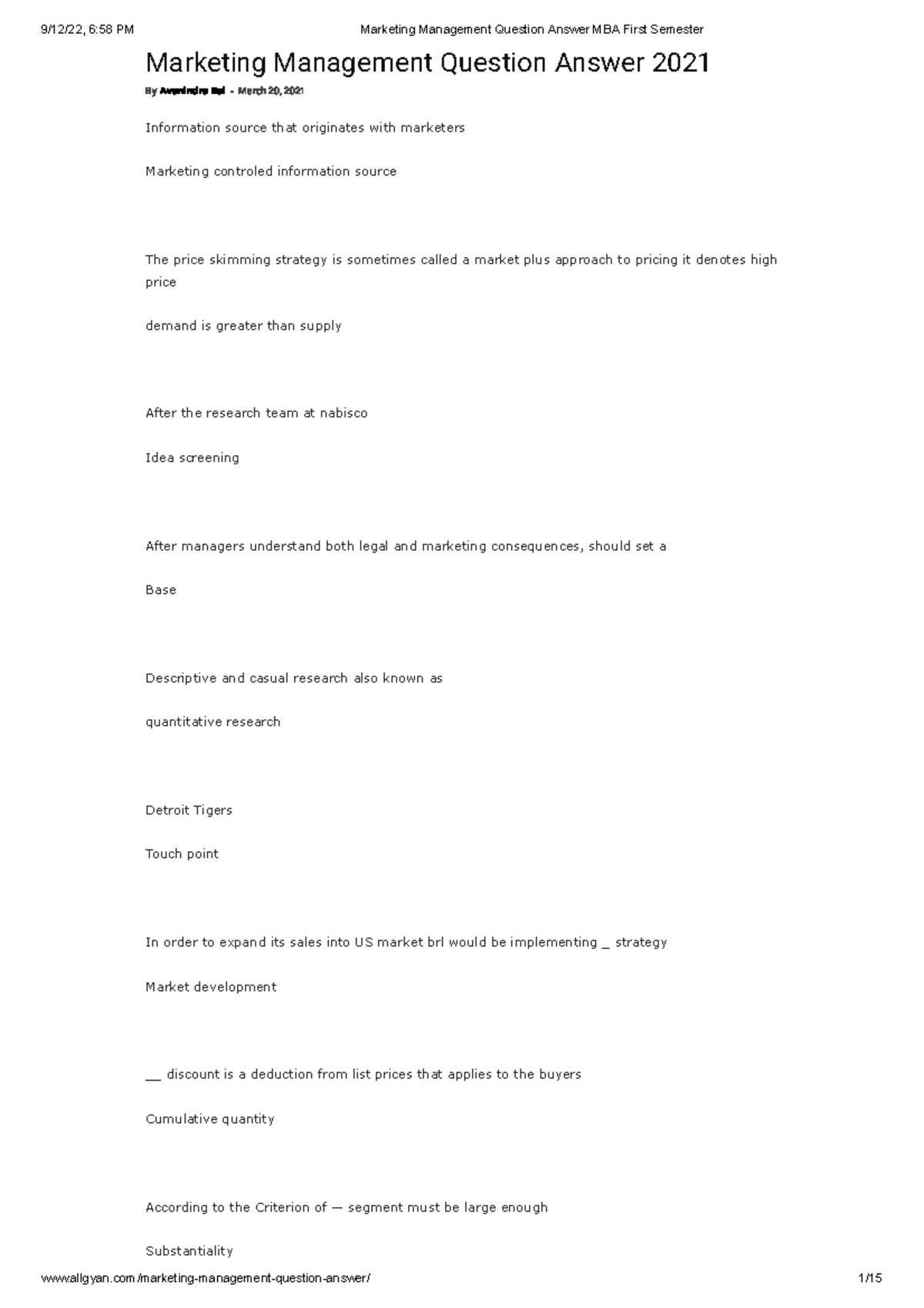 Marketing Management (02) - Marketing Management Question Answer 2021 ...