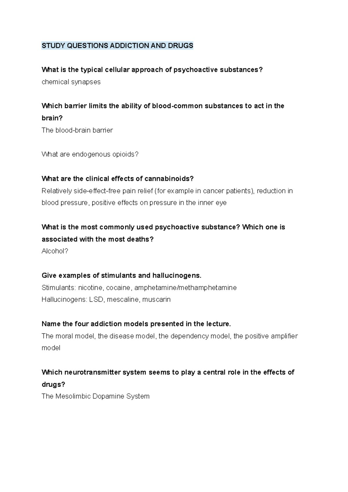 Study questions - Addiction and drugs - STUDY QUESTIONS ADDICTION AND ...