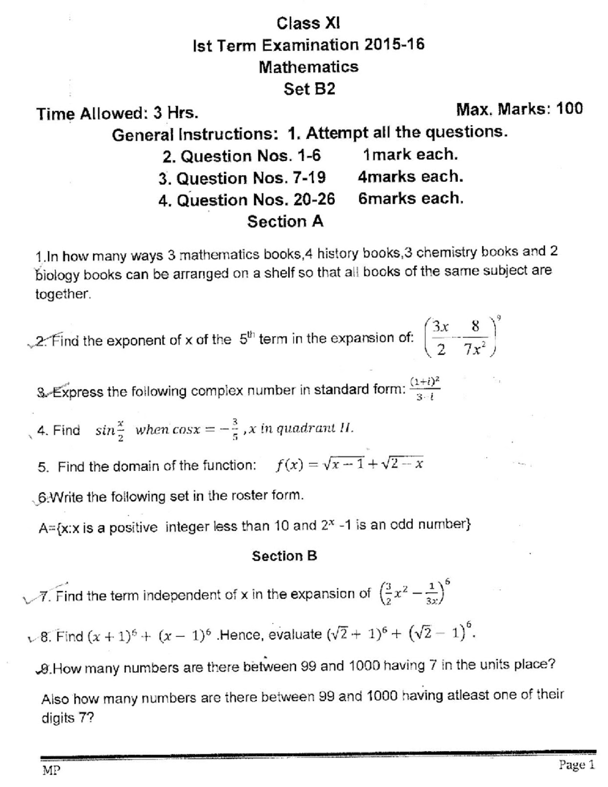 Com.google.android.apps - Class XI Ist Term Examination Mathematics Set ...