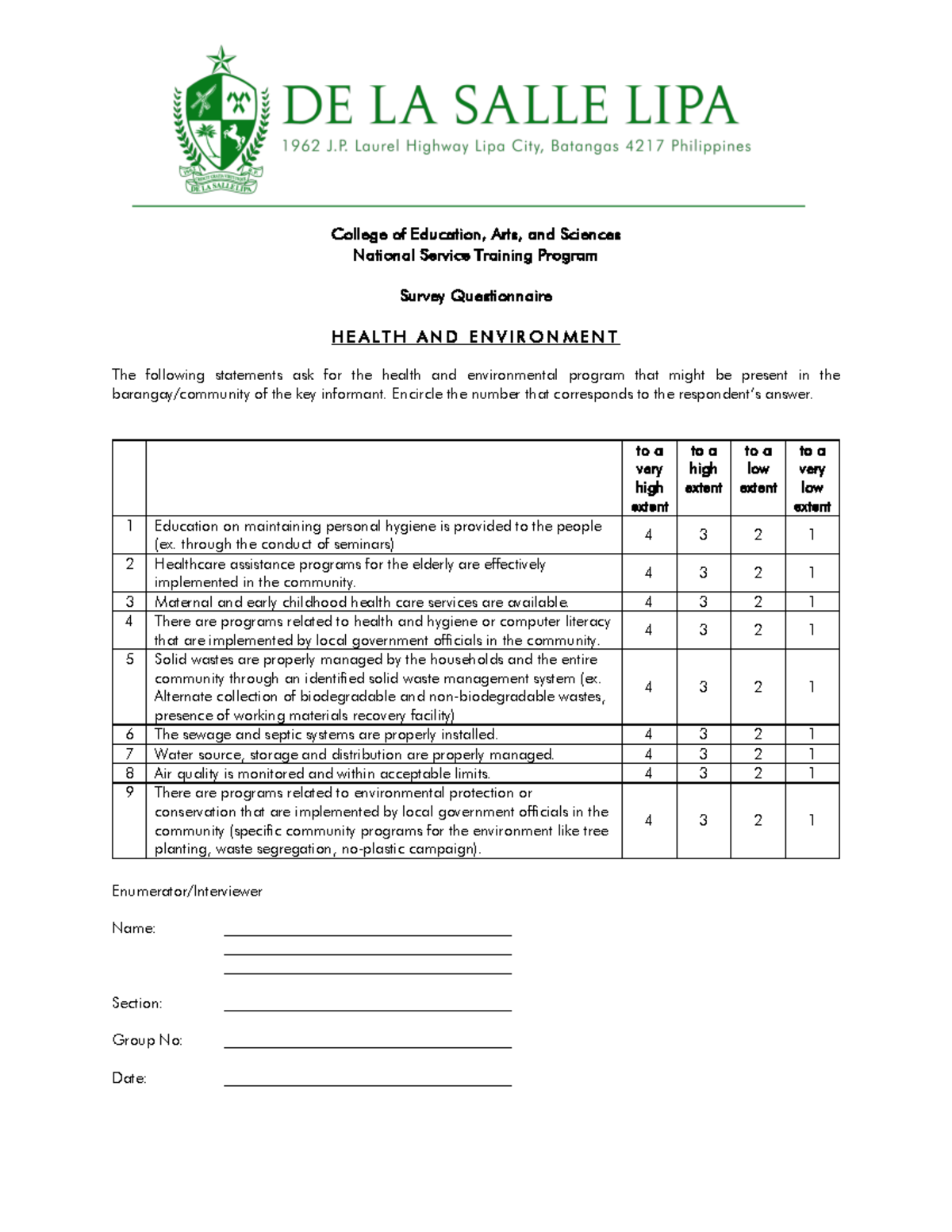 Survey-Questionnaire-Health - College of Education, Arts, and Sciences ...