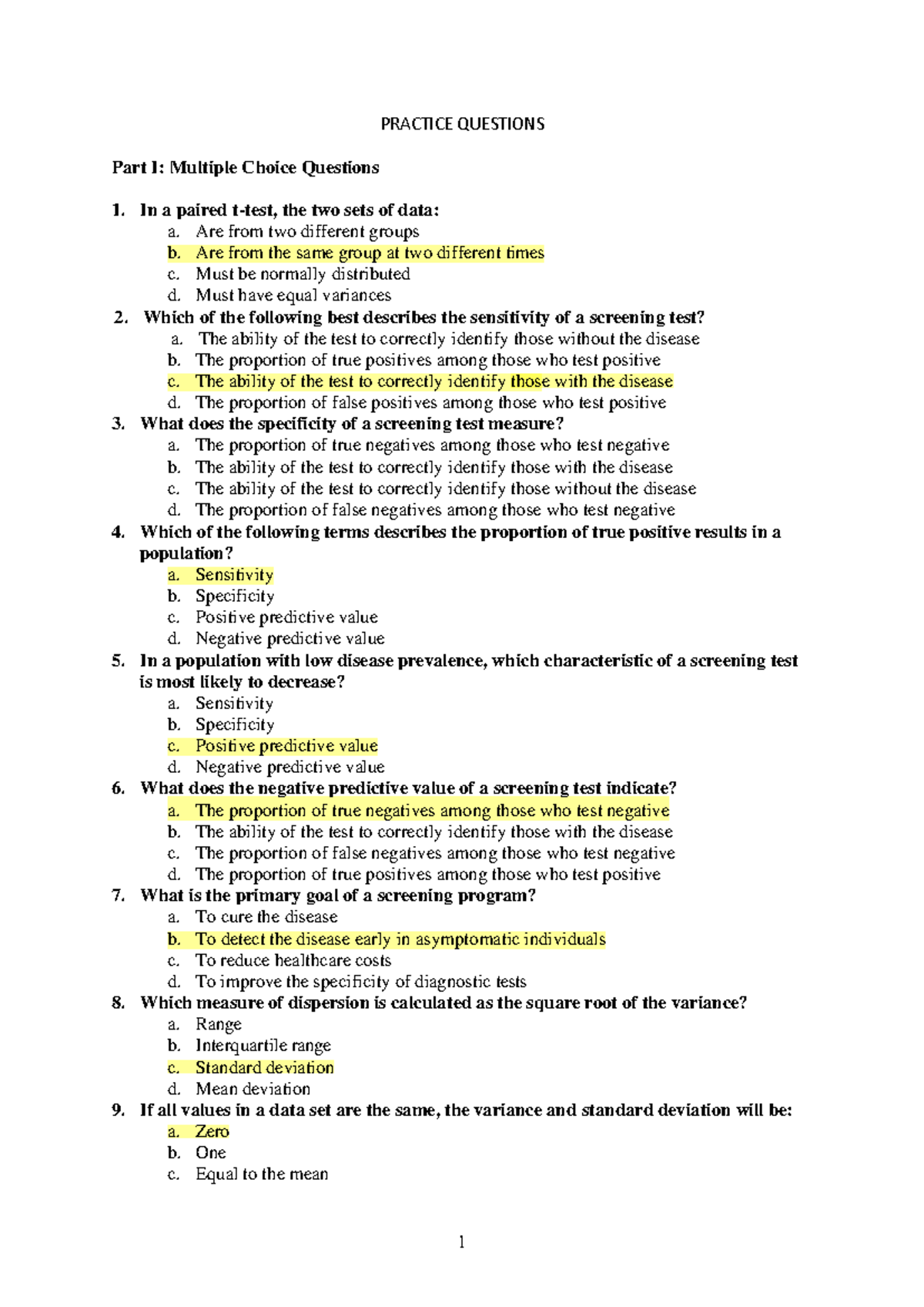 Practice Questions, BMED-09 - PRACTICE QUESTIONS Part I: Multiple ...