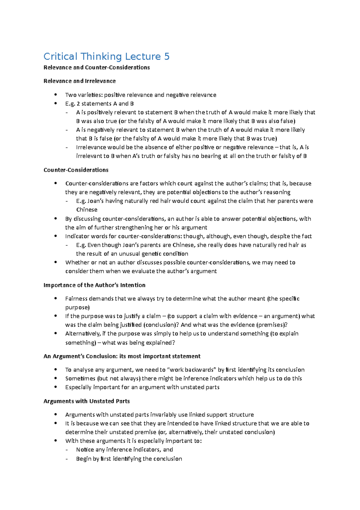 Lecture notes, lectures 1-5, 7-10 - Critical Thinking Lecture 5 ...