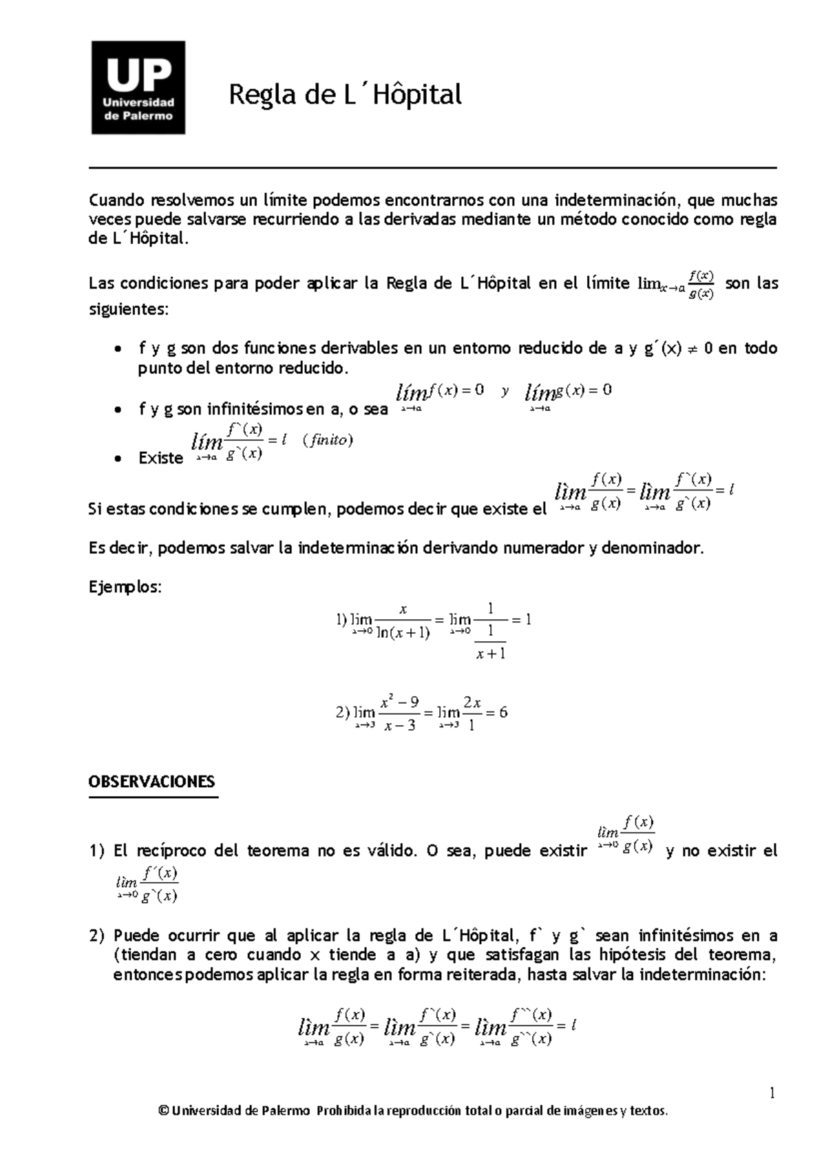 Lhopital regla apunte - 1 Regla de L ́Hôpital Cuando resolvemos un ...