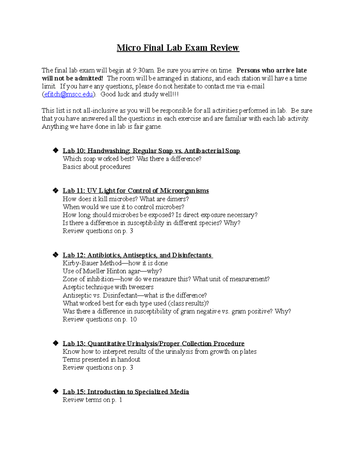 Review Lab Final 1 - exam material - Micro Final Lab Exam Review The final lab exam will begin ...