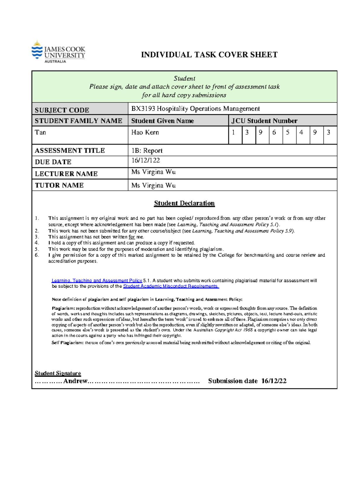 BX3193+Assessment 1B - INDIVIDUAL TASK COVER SHEET Student Please sign ...