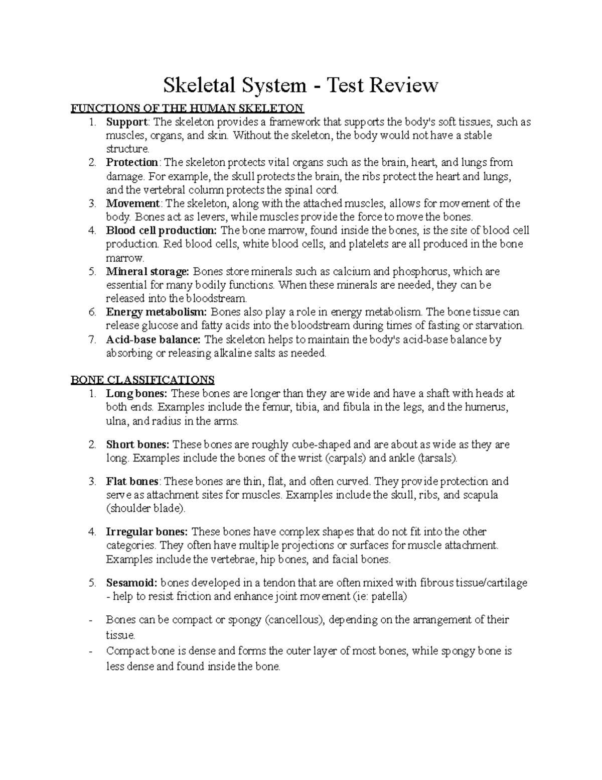 Untitled document-2 - class notes - Skeletal System - Test Review ...