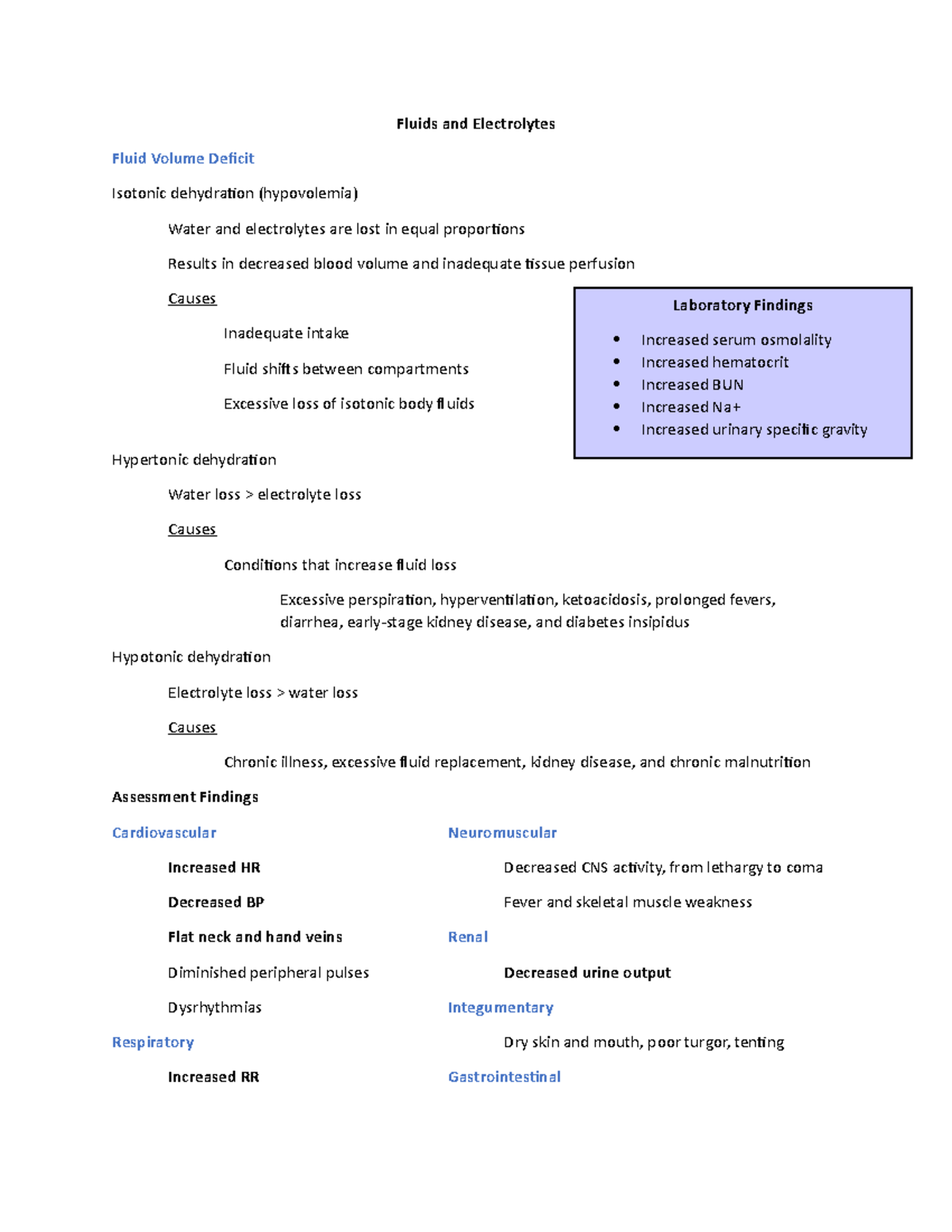Fluids and Electrolytes - Fluids and Electrolytes Fluid Volume Deficit ...