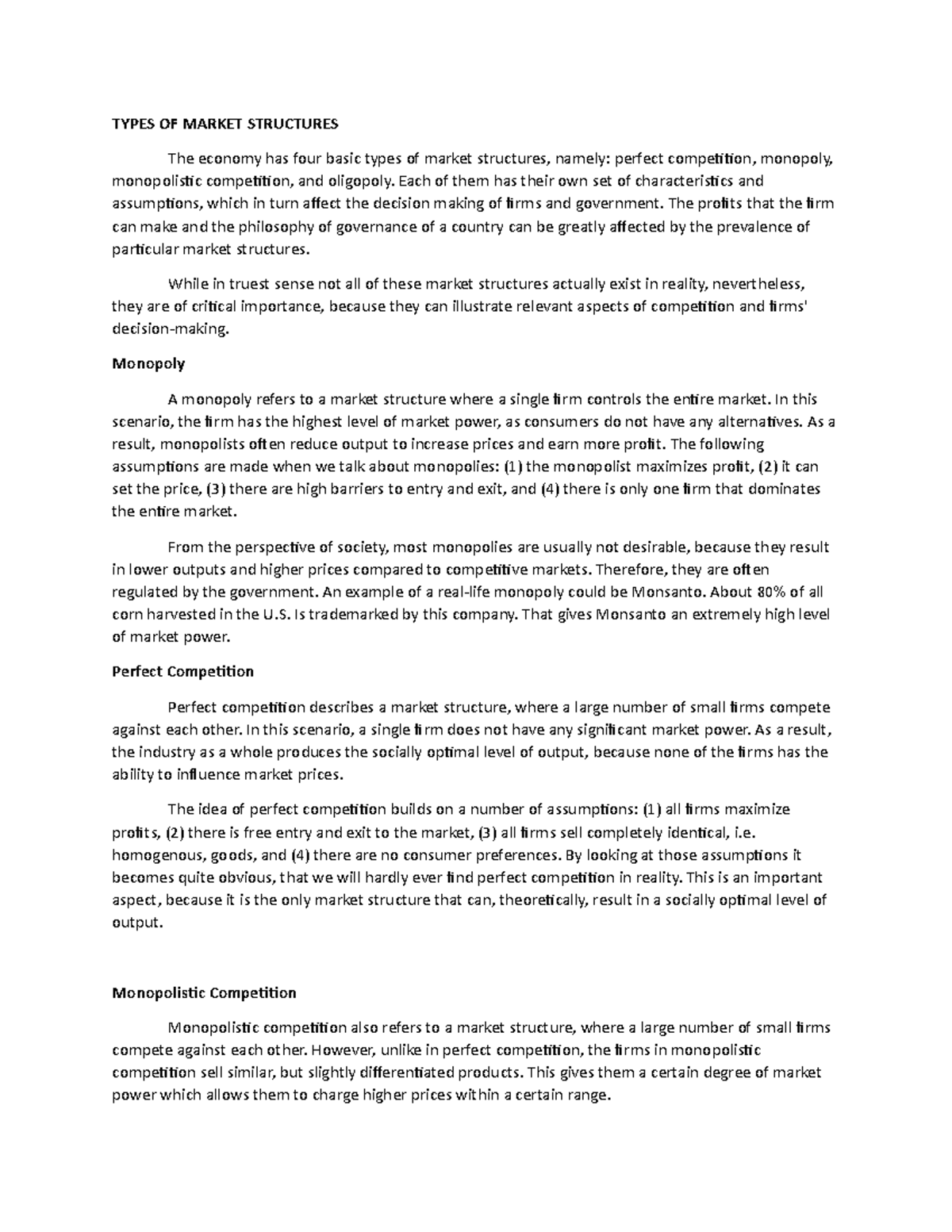 Types OF Market Structures - TYPES OF MARKET STRUCTURES The economy has ...