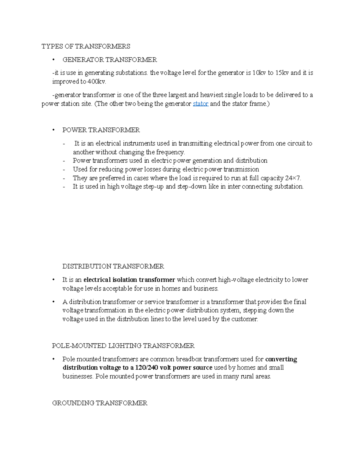Transformers Protection - TYPES OF TRANSFORMERS • GENERATOR TRANSFORMER ...