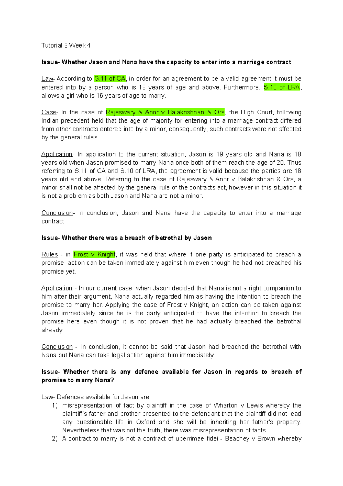 40958 Tutorial 3 Week 4 - Tutorial 3 Week 4 Issue- Whether Jason and Nana have the capacity to ...