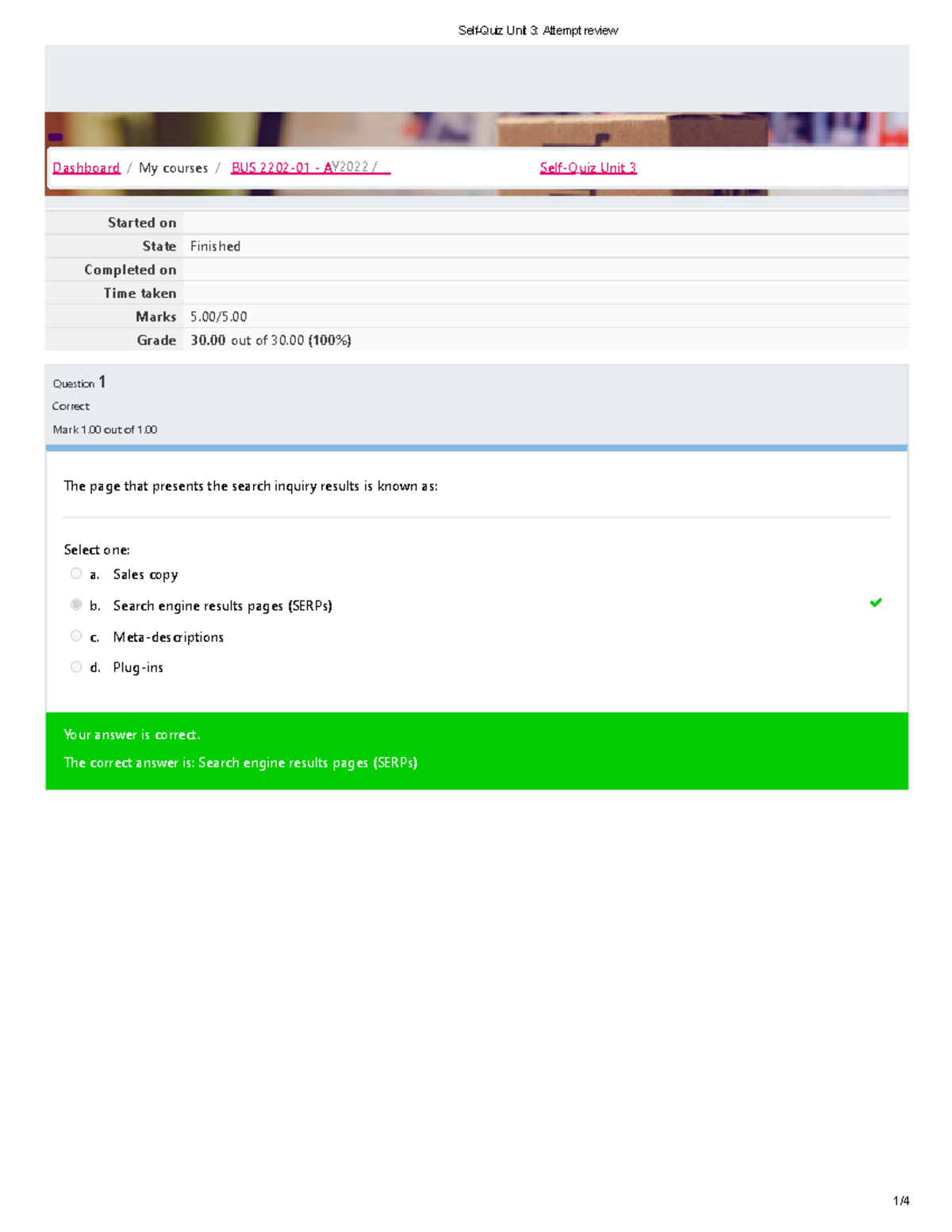 Self-Quiz Unit 3 Attempt review - Started on State Finished Completed ...