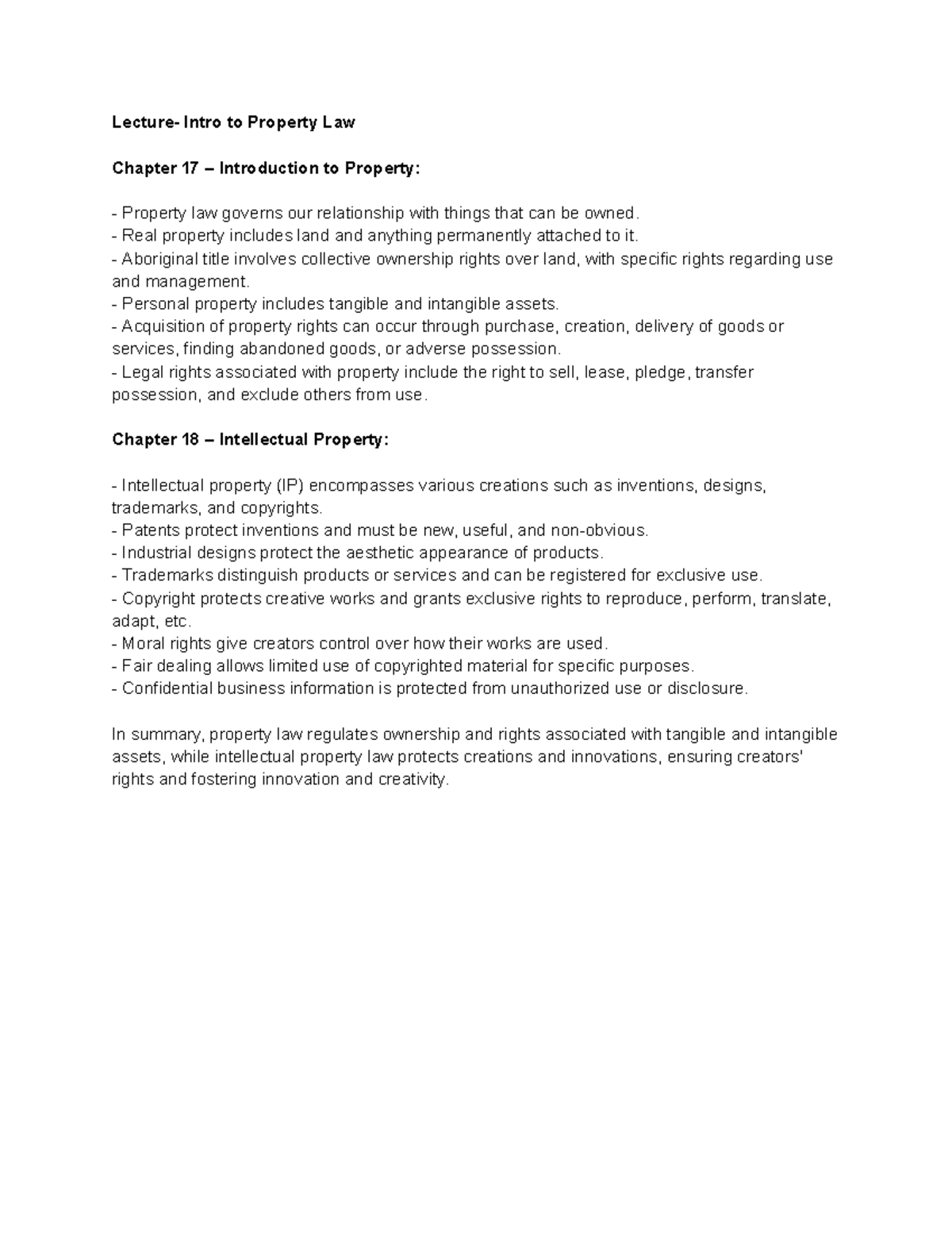 Buisness law notes - Lecture- Intro to Property Law Chapter 17 ...