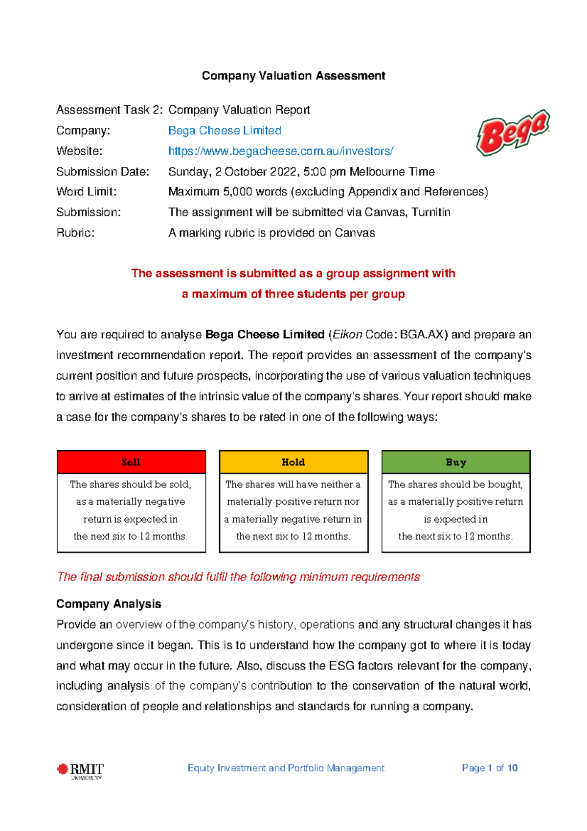 Company Valuation Assignment BGA - Company Valuation Assessment ...
