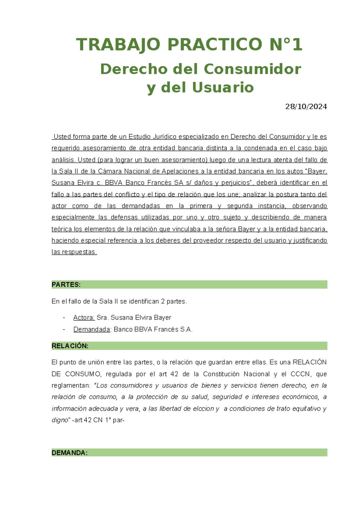TP1 - Consumidor y usuario - TRABAJO PRACTICO N° Derecho del Consumidor ...