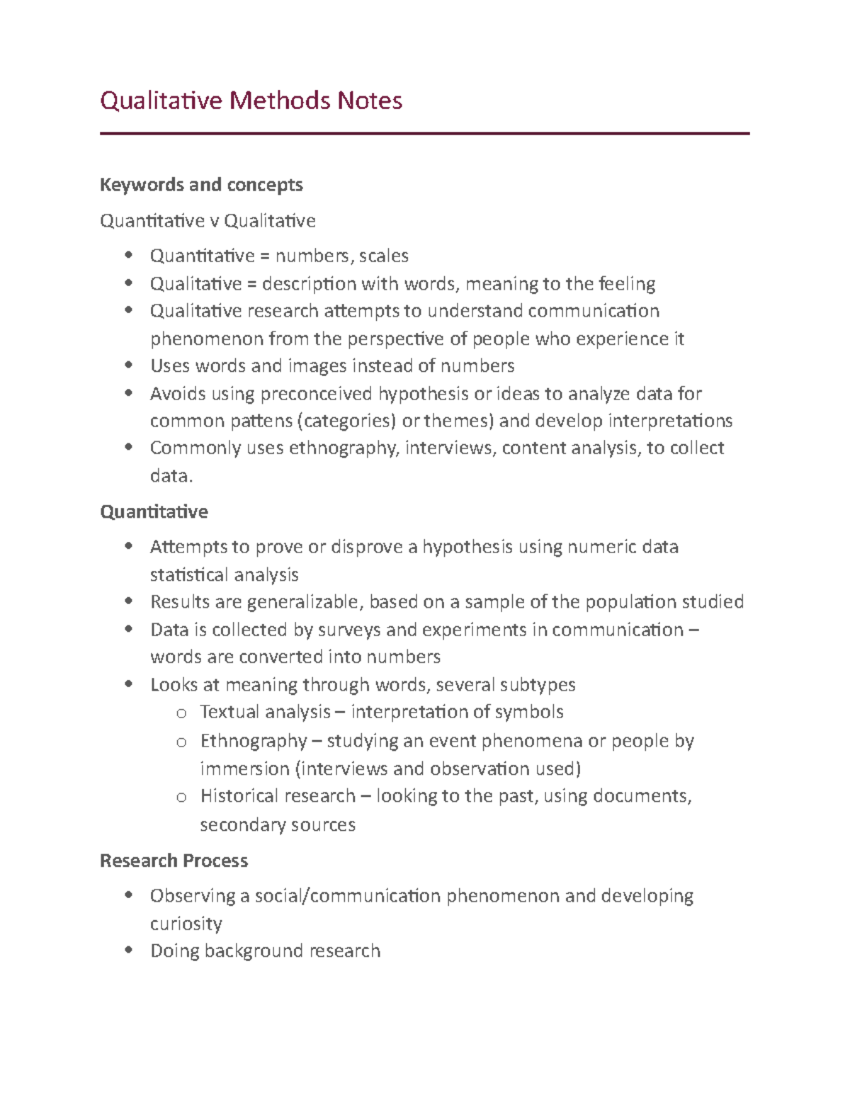 Qual Notes Aug 24 - Qualitative Methods Notes Keywords and concepts ...