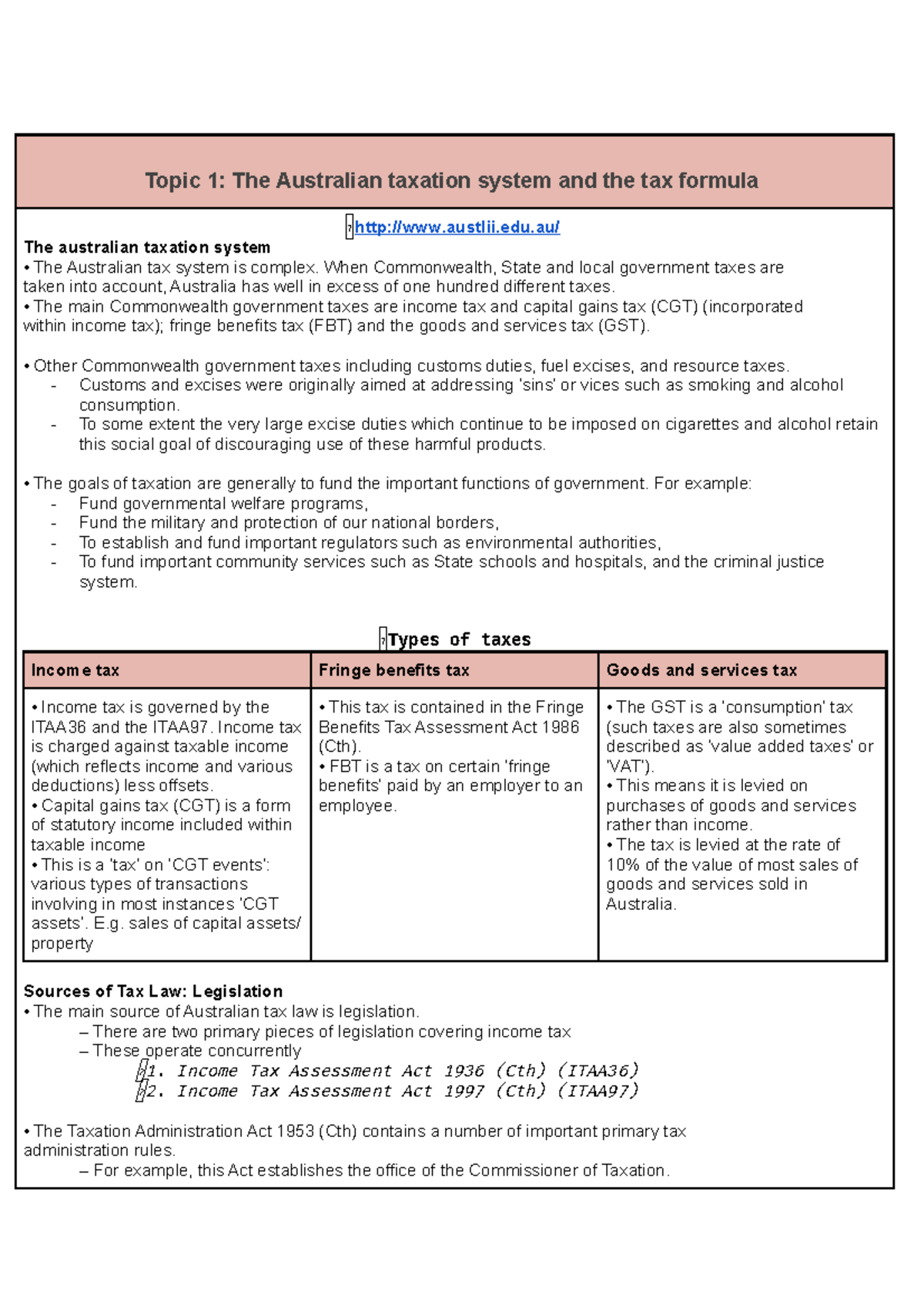 Taxation 1 - all topic lecture notes - Topic 1: The Australian taxation ...