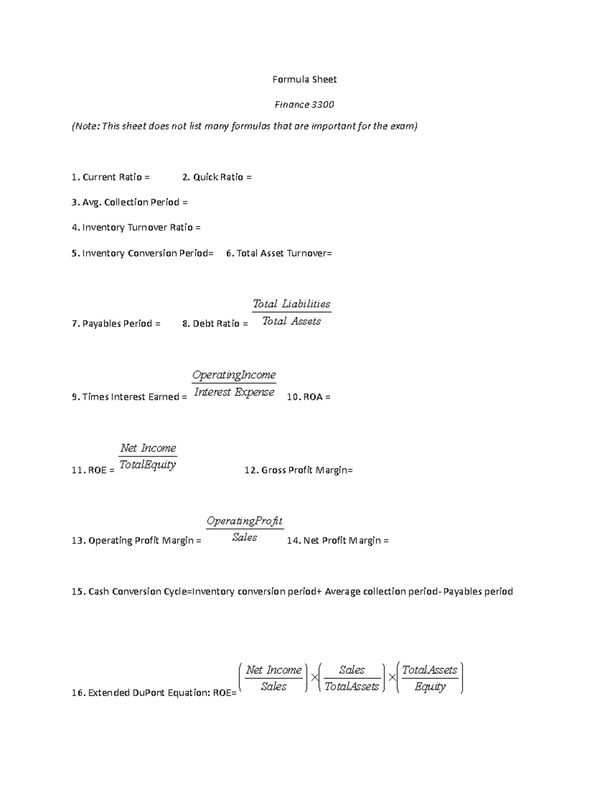 Formula Sheet for reference - Formula Sheet Finance 3300 (Note: This ...