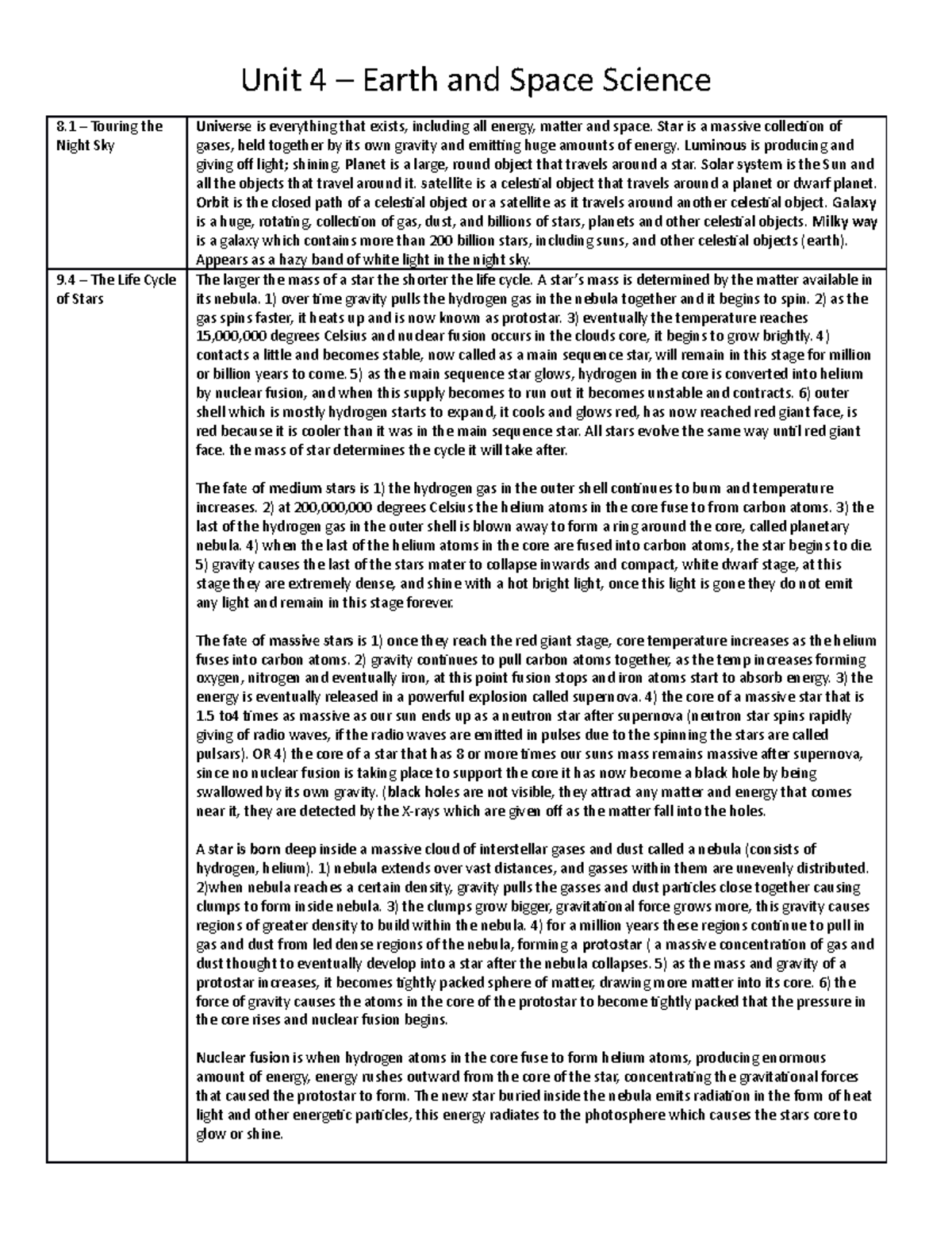 Science ( study sheet 4) - Unit 4 – Earth and Space Science 8 – Touring ...