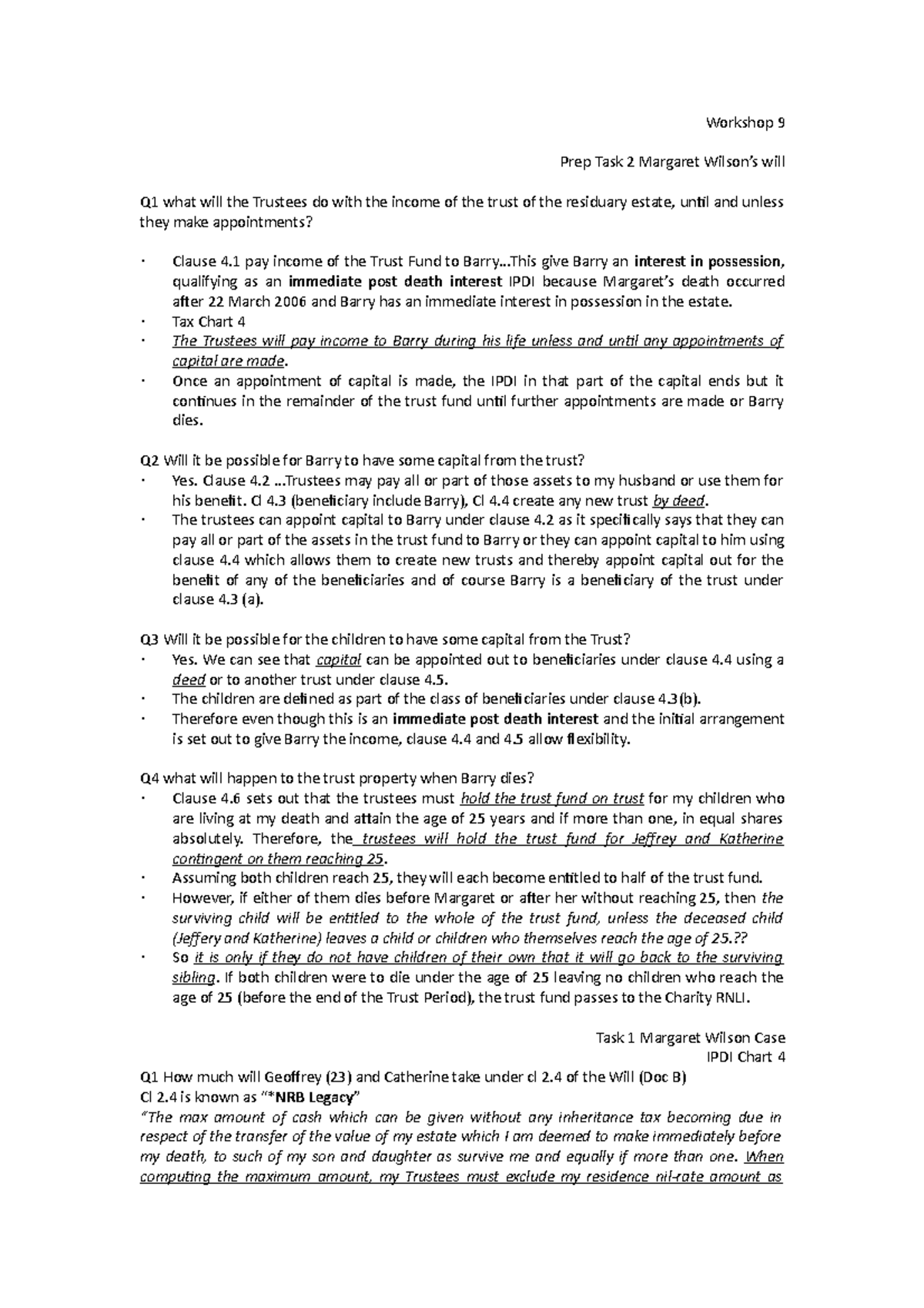 Workshop 9 flexible will - Workshop 9 Prep Task 2 Margaret Wilson’s will Q1 what will the ...