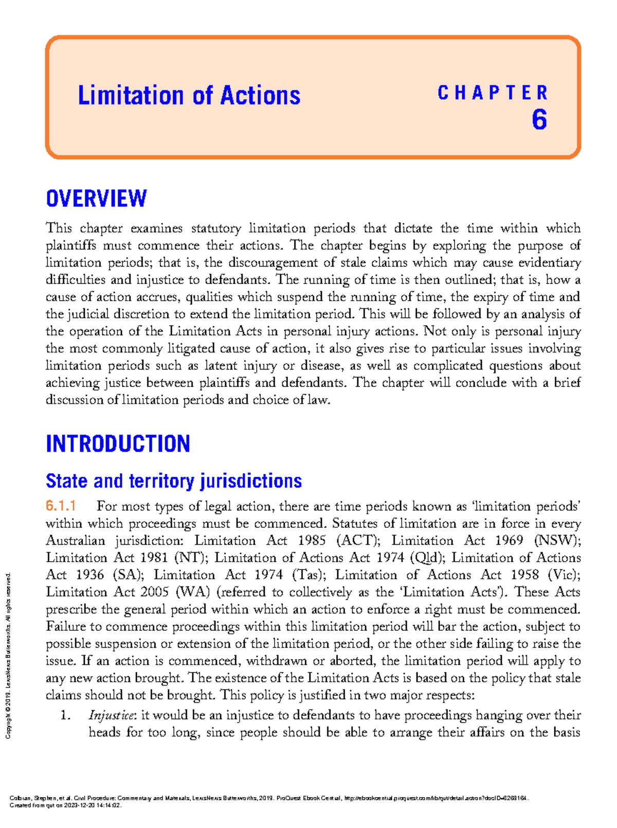 Civil Procedure Commentary and Materials - (Chapter 6 Limitation of ...