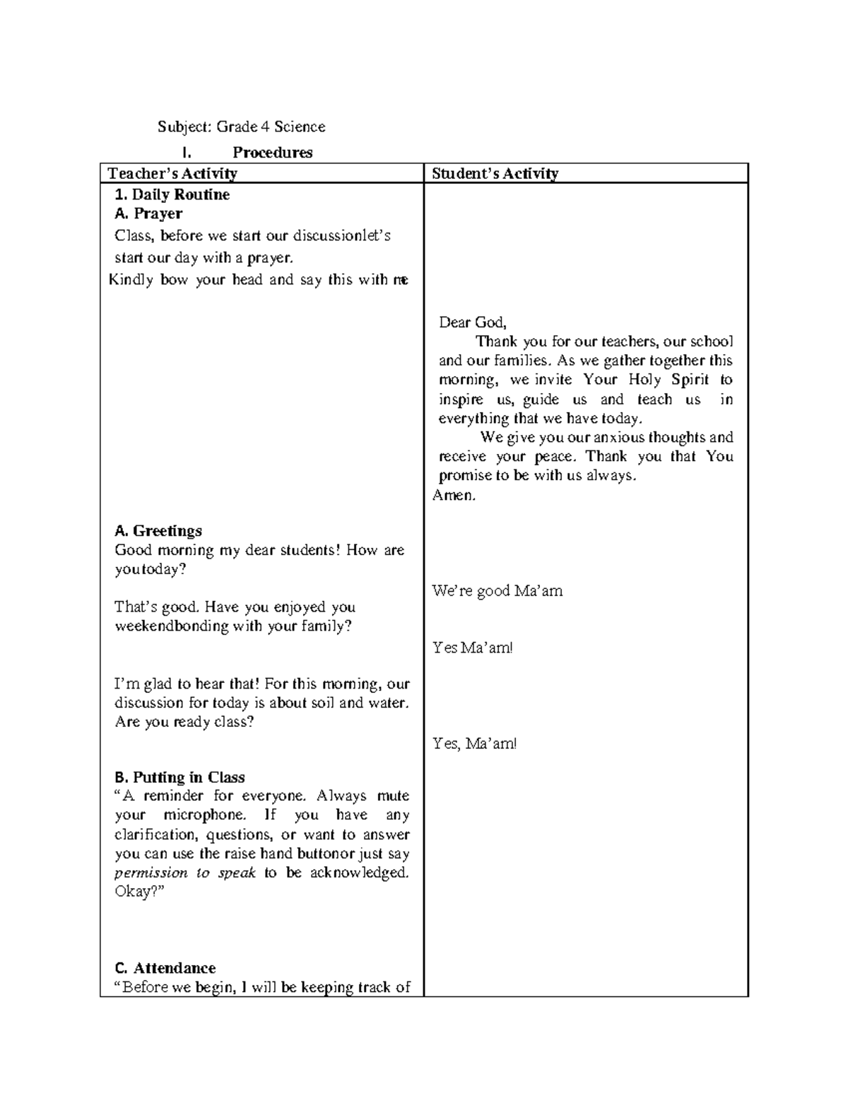 Grade 4 Science - Detailed Lesson PLAN - Subject: Grade 4 Science **I ...
