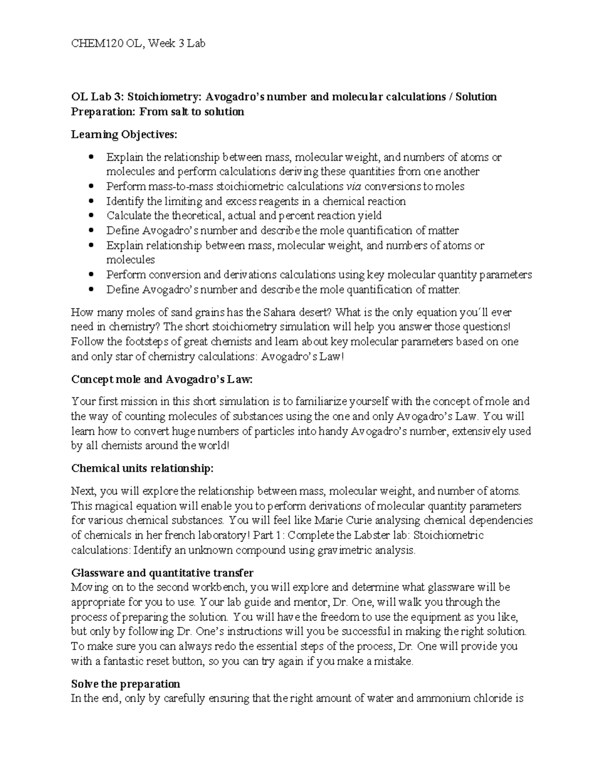 Week 3 Stoichiometry and Solutions - OL Lab 3: Stoichiometry: Avogadro’s number and molecular ...