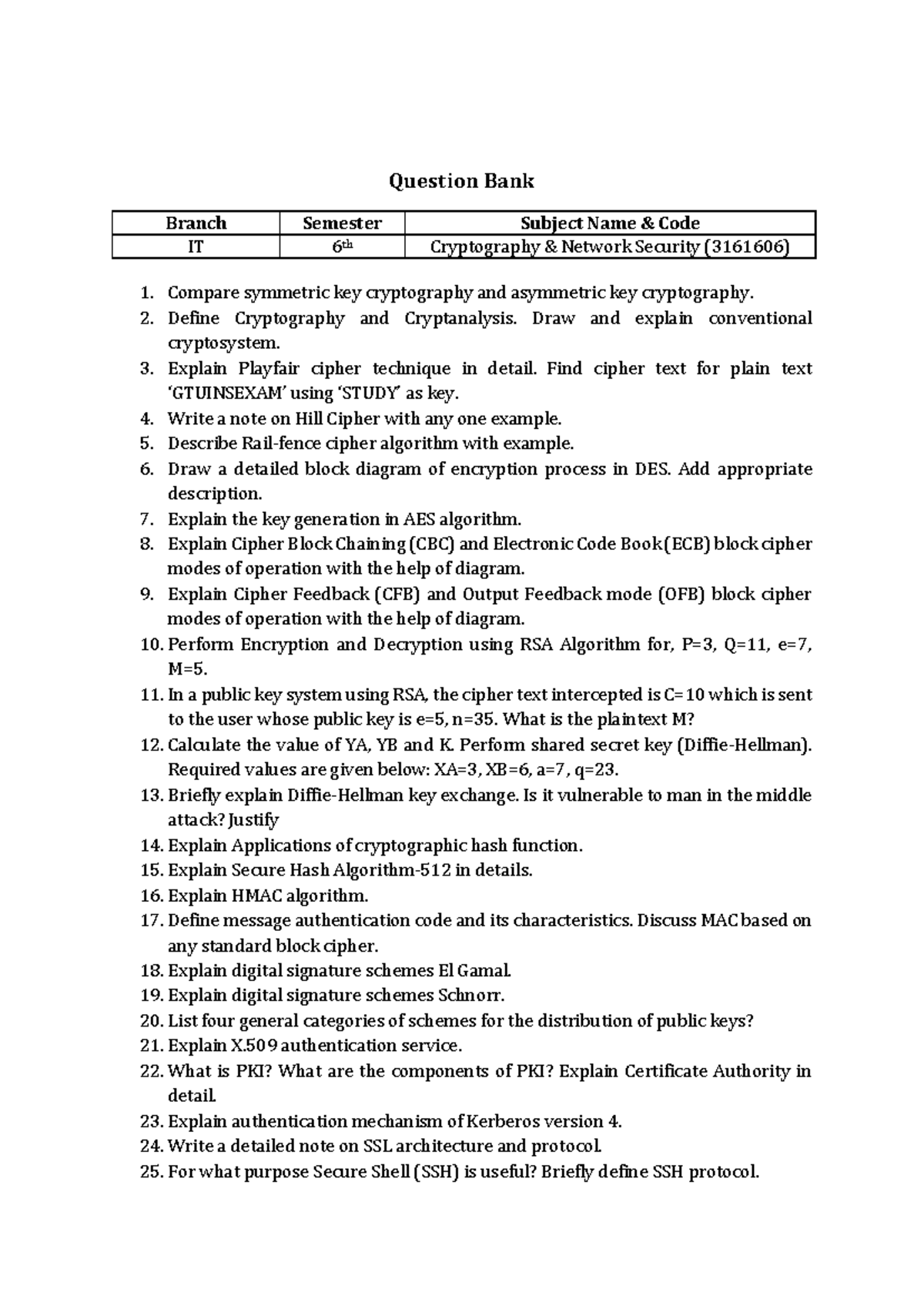 CNS - Question Bank - Faculty of Engineering Information Technology ...