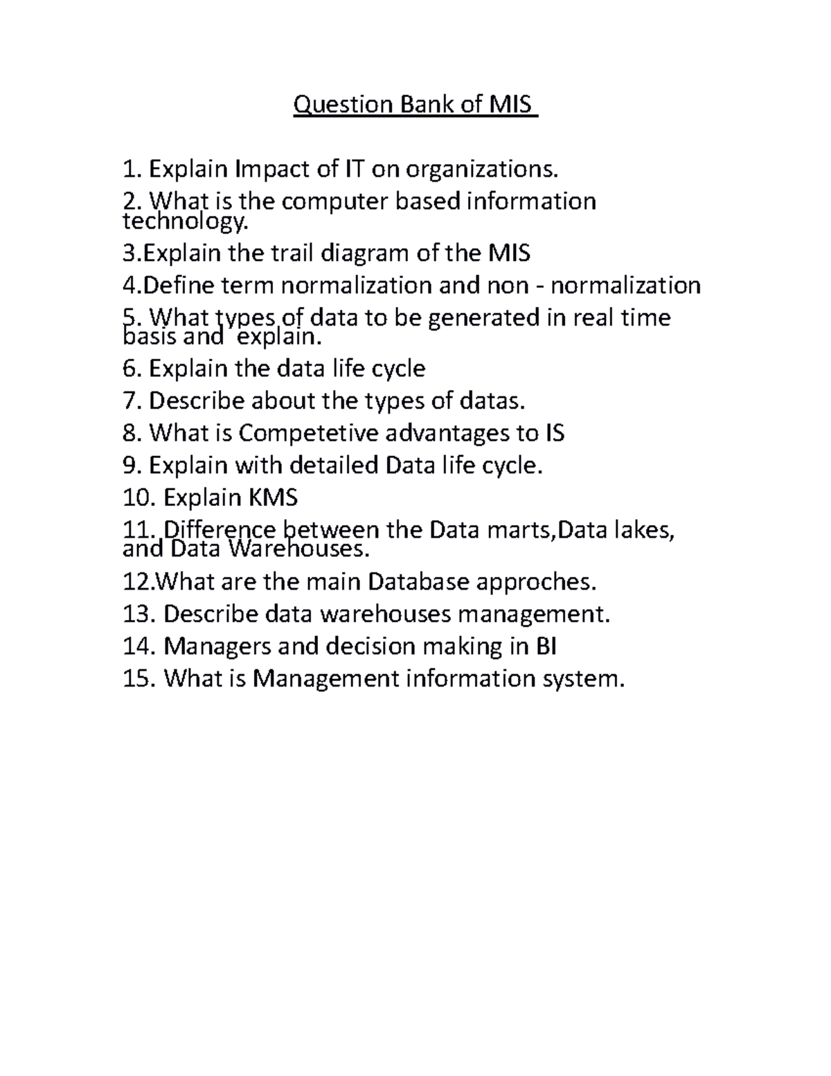 Question bank of MIS - Question Bank of MIS Explain Impact of IT on ...