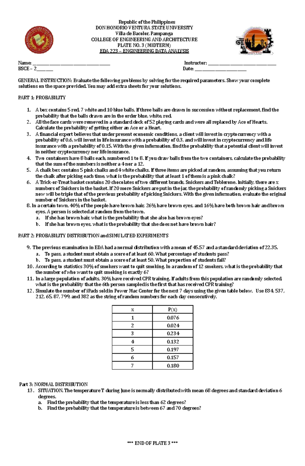 EDA PRACTICE PROB /Plate 3 - Republic of the Philippines DON HONORIO VENTURA STATE UNIVERSITY ...