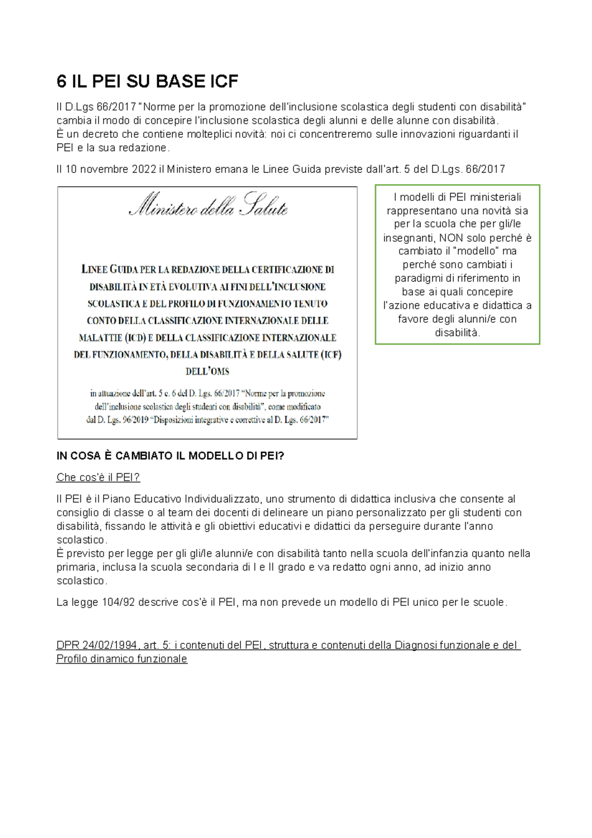 Teorie e metodi educazione inclusiva - 6 IL PEI SU BASE ICF Il D 66/2017 “Norme per la ...
