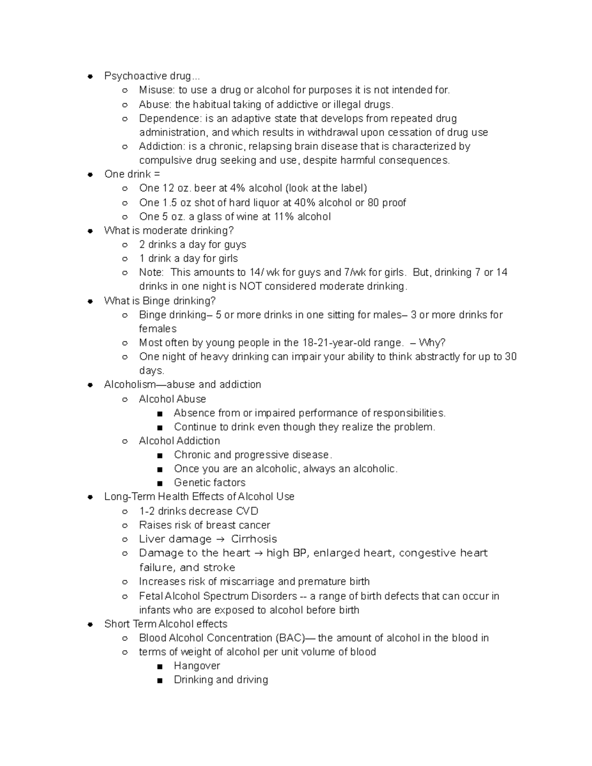 Alcohol Notes - Psychoactive drug... Misuse: to use a drug or alcohol ...