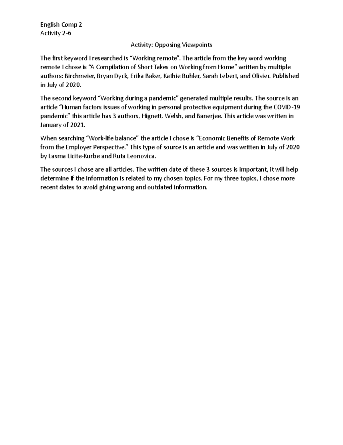 2-6 activity opposing viewpoints - English Comp 2 Activity 2- Activity ...