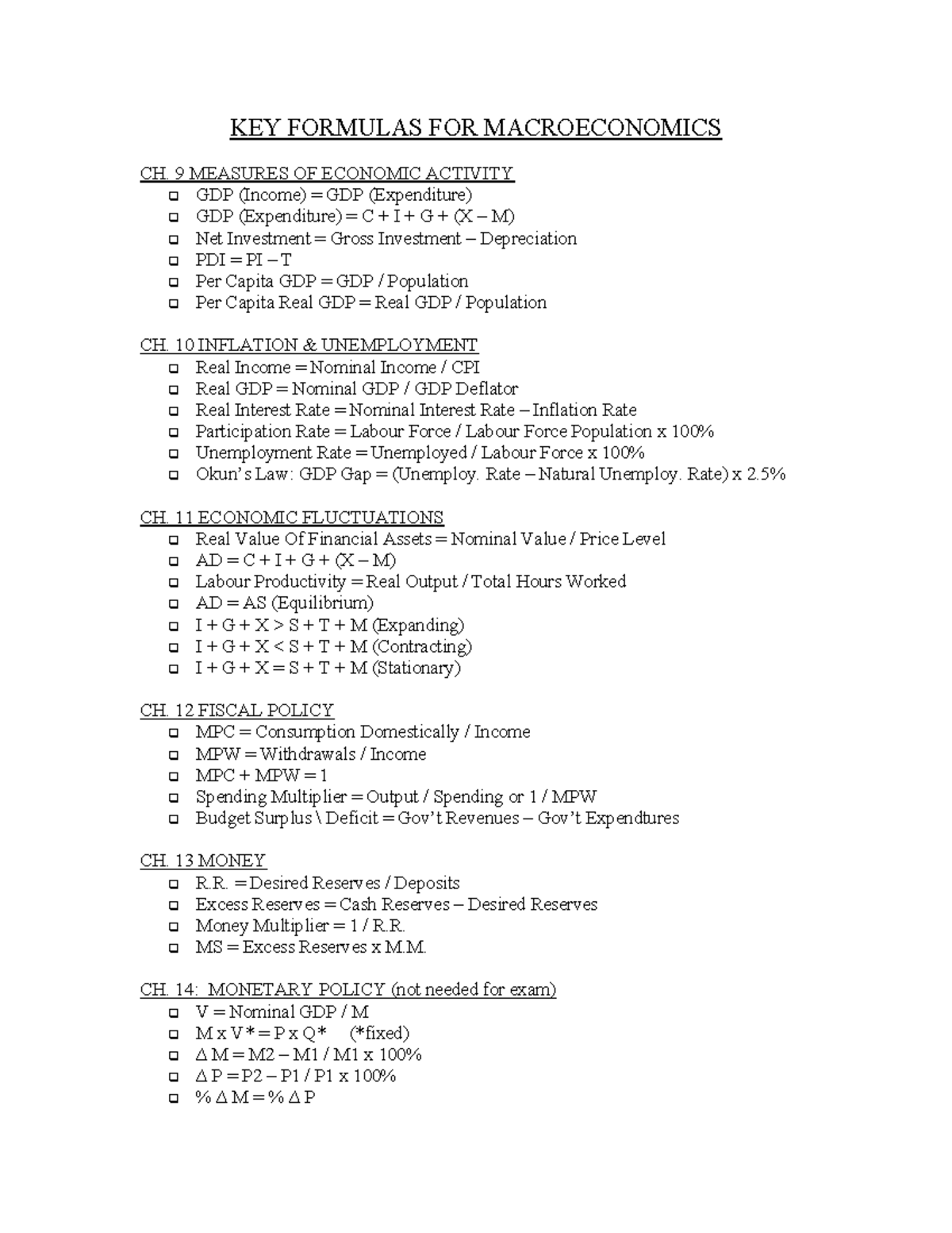 Formulas - KEY FORMULAS FOR MACROECONOMICS CH. 9 MEASURES OF ECONOMIC ...