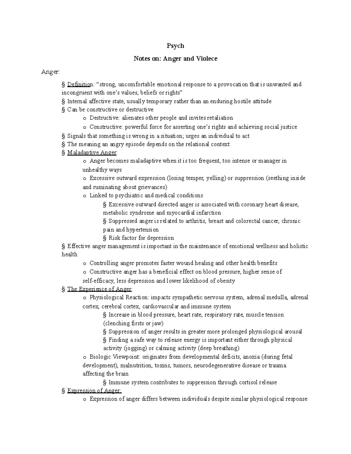 Nursing pysch anger and violence notes - Psych Notes on: Anger and ...