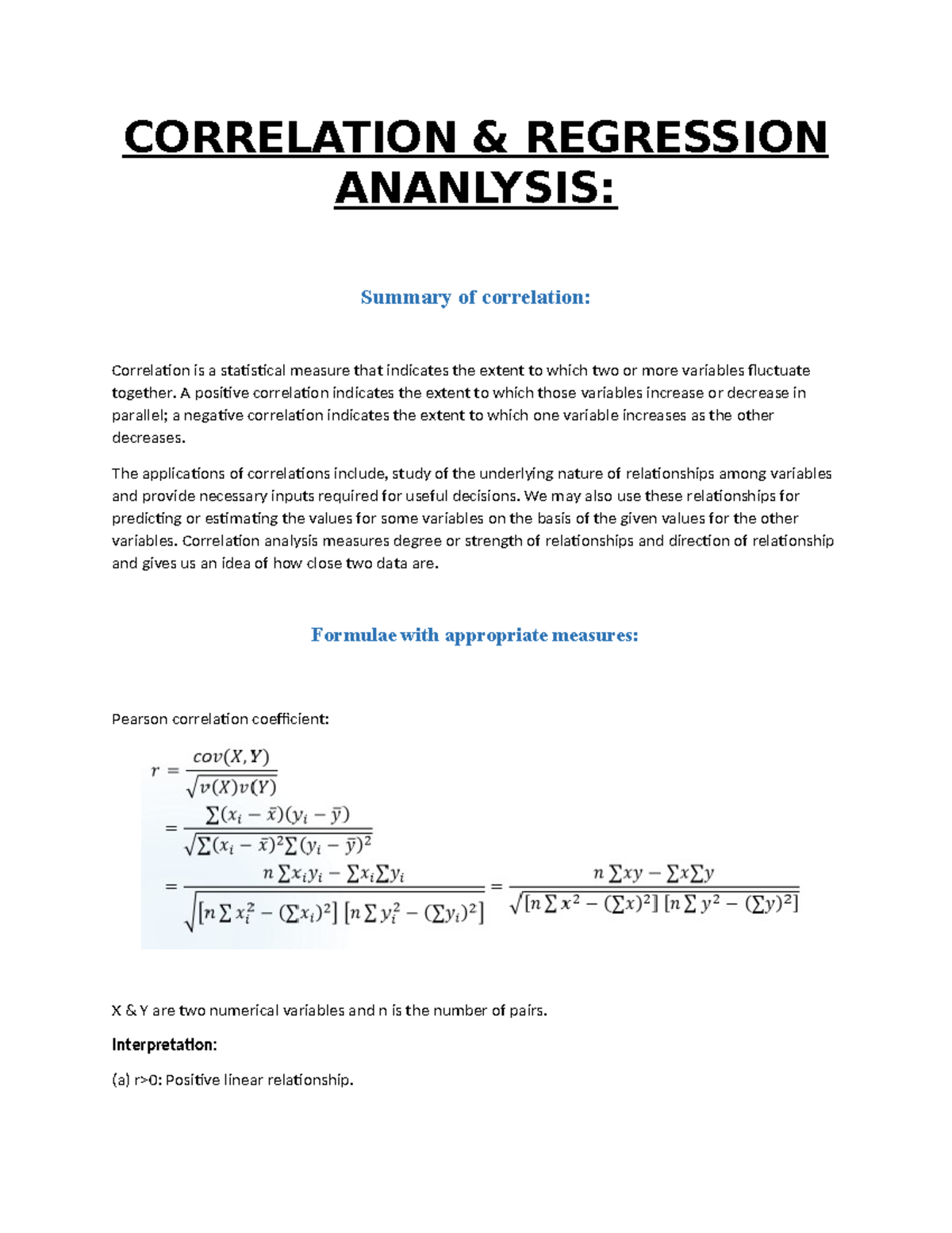 Sta201-1 - CORRELATION & REGRESSION ANANLYSIS: Summary of correlation ...