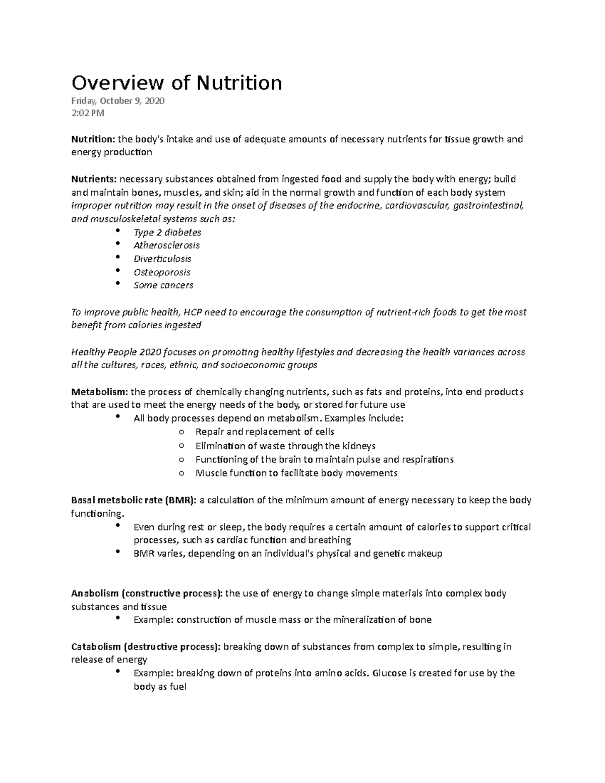 Overview of Nutrition - Overview of Nutrition Friday, October 9, 2020 2 ...