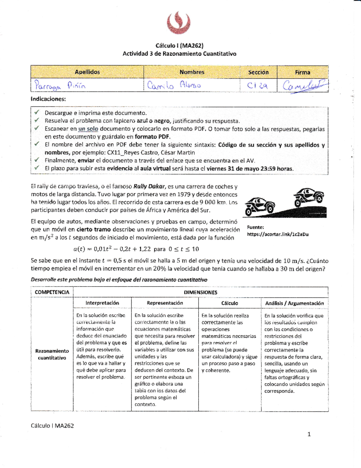 RC3 calculo 1 aceleracion - ####### Cálculo l{MA262! ####### Actividad ...