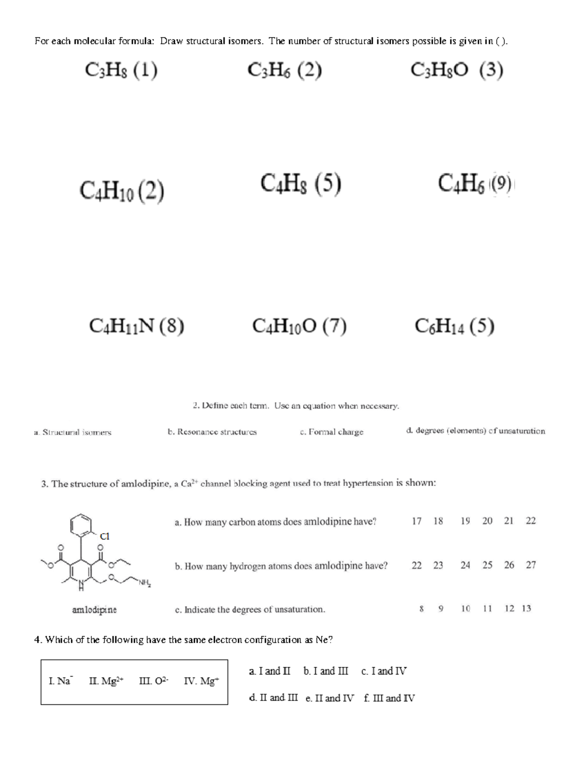Week 1 Review - blank - For each molecular formula: Draw structural ...