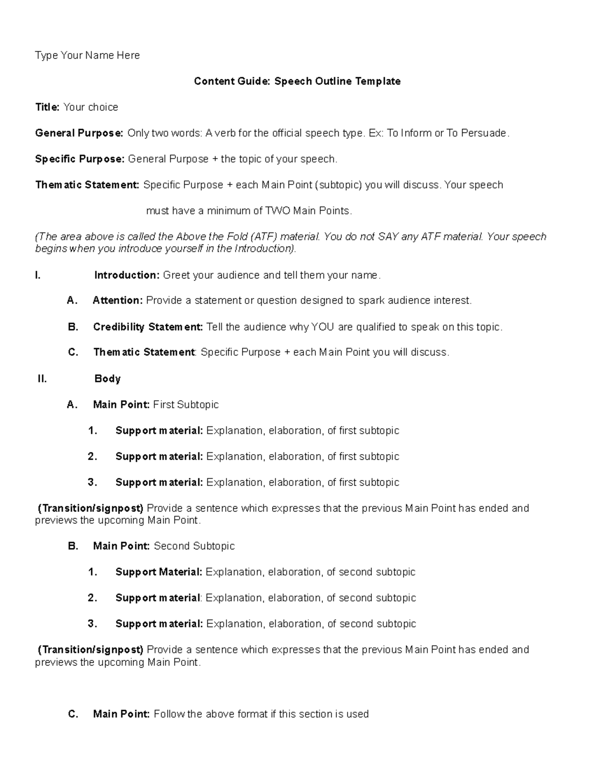 Outline Content Guide - Type Your Name Here Content Guide: Speech ...