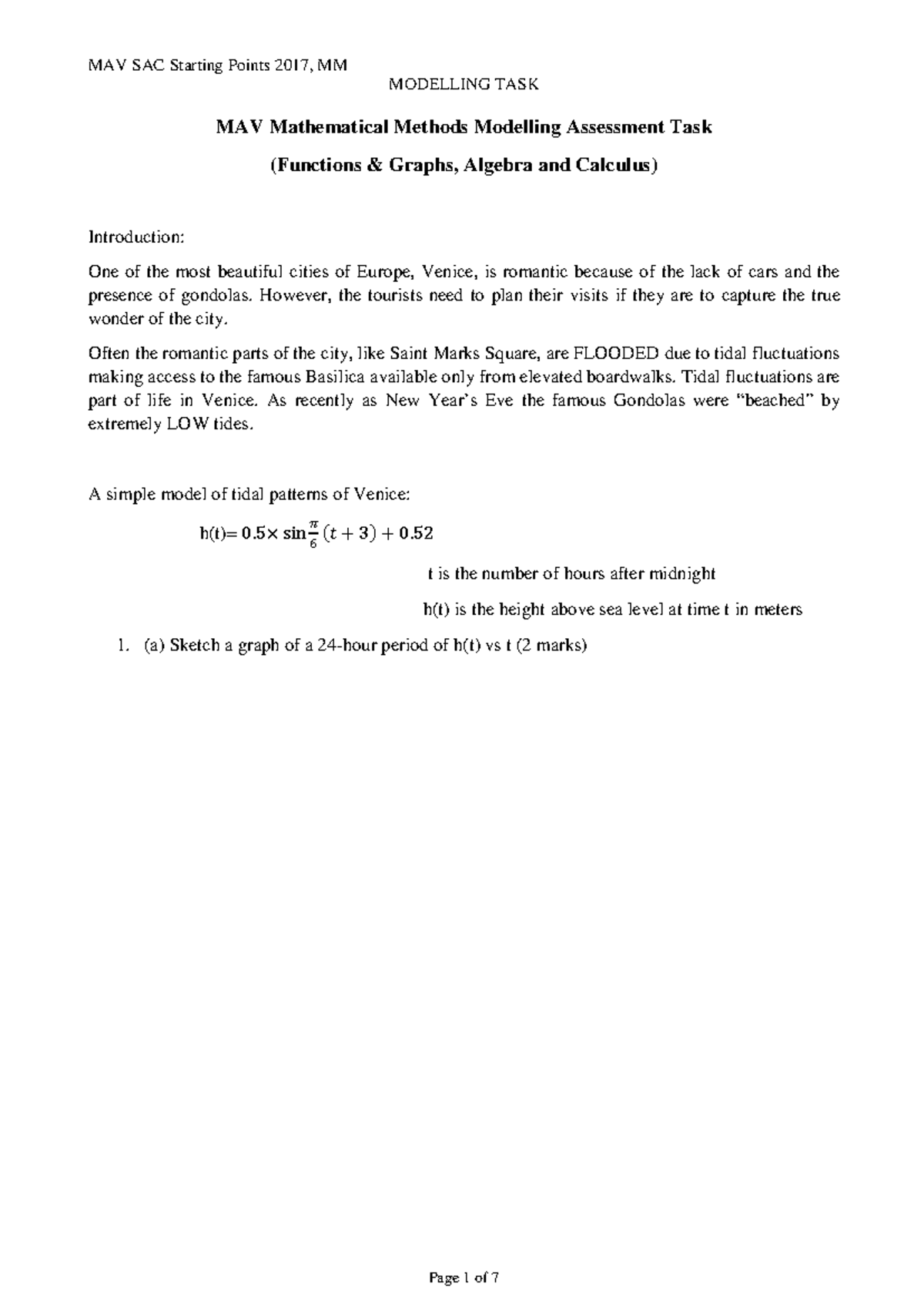 MAV MM Modelg prob-solv task Fns & graphs Algebra Calculus - MODELLING ...