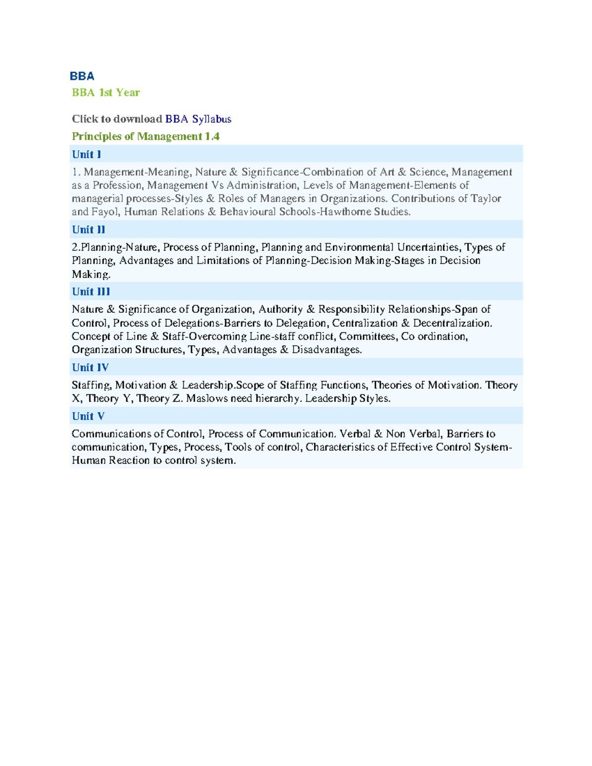 BBA-I - BBA BBA 1st Year Click to download BBA Syllabus Principles of Management 1. Unit I - Studocu