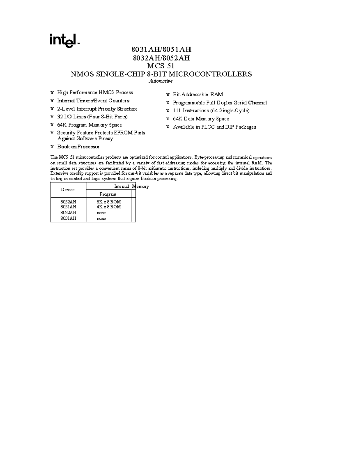 8051 - 23tam - 8031AH/8051AH 8032AH/8052AH MCS 51 NMOS SINGLE-CHIP 8 ...