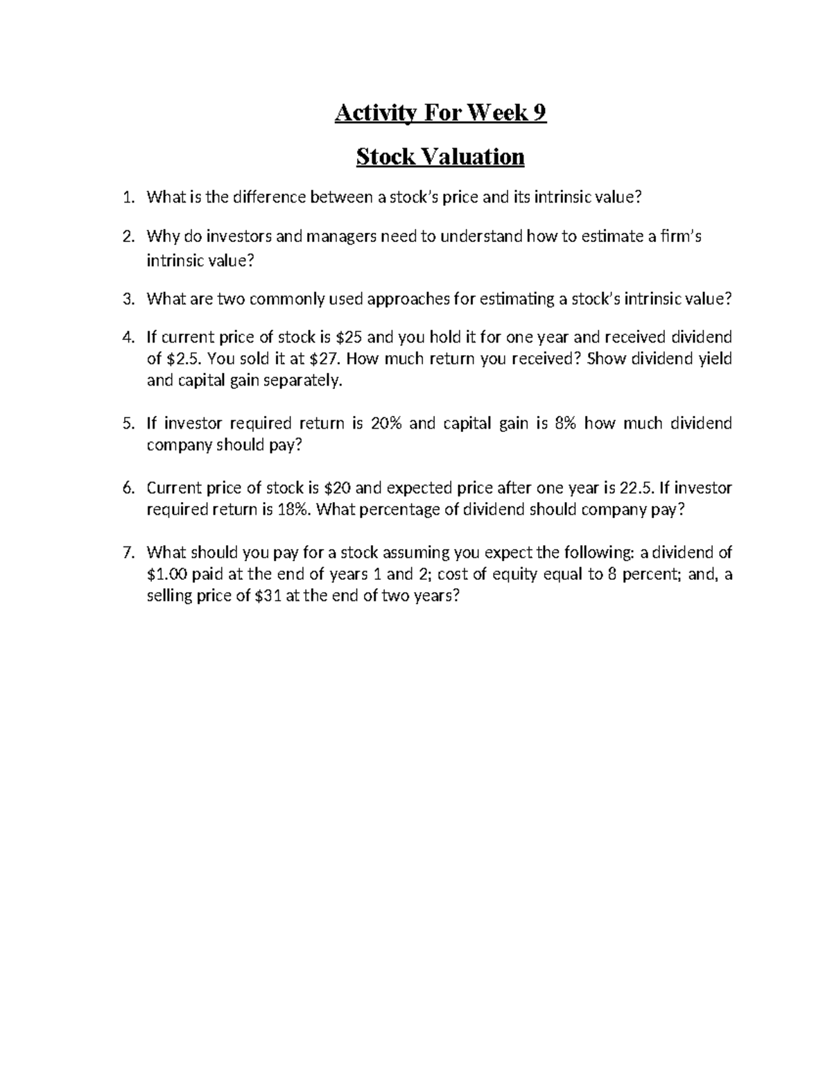 SV-1 - Stock valuation - Activity For Week 9 Stock Valuation 1. What is ...